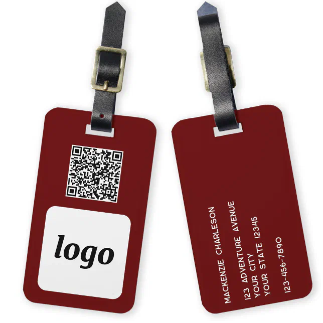 Logo QR Code Burgundy Business Promotional Luggage Tag | Zazzle