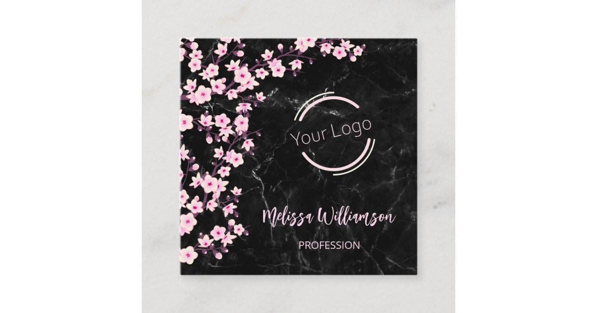 Logo | QR Code | Cherry Blossoms Black Marble Square Business Card | Zazzle