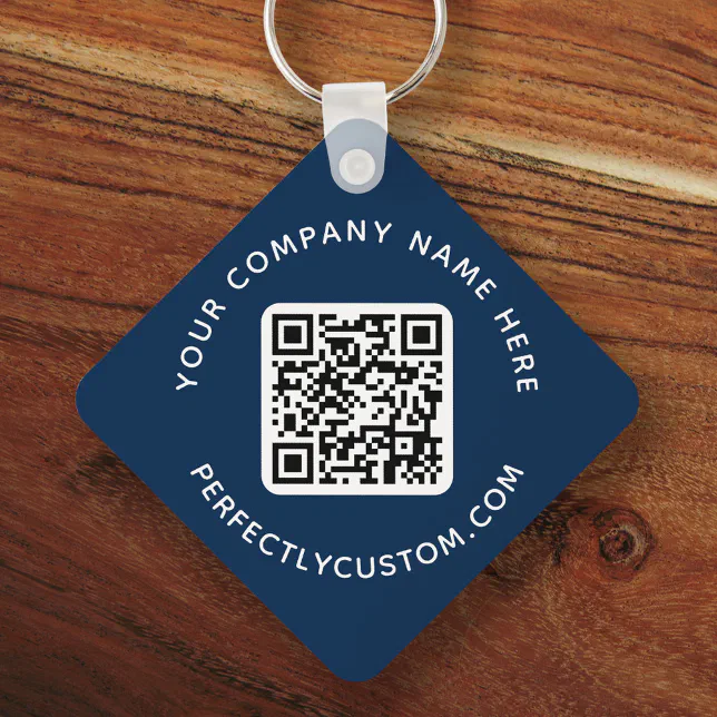 Logo QR code custom text double sided dark blue Keychain | Zazzle