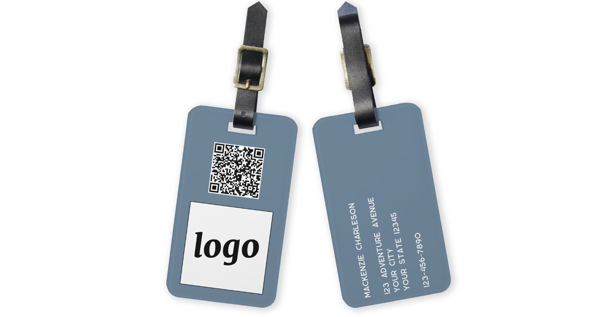 Logo QR Code Dusty Blue Gray Business Promotional Luggage Tag | Zazzle