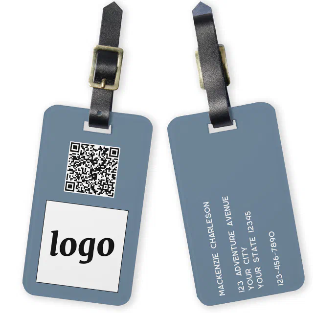 Logo QR Code Dusty Blue Gray Business Promotional Luggage Tag | Zazzle