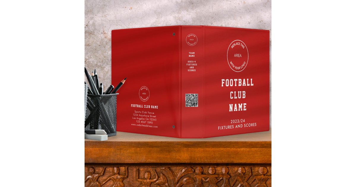 Logo QR code Football Club Fixtures Red 3 Ring Binder | Zazzle
