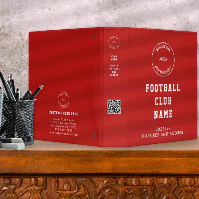 Logo QR code Football Club Fixtures Red 3 Ring Binder | Zazzle