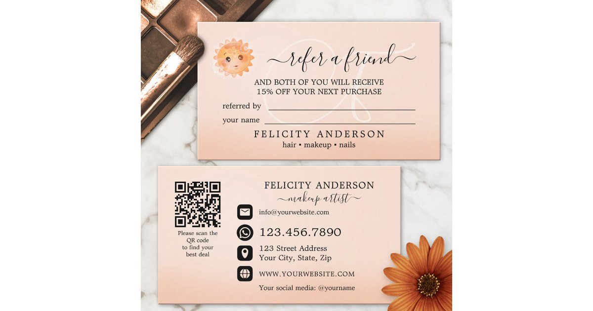 Logo QR Code Peach Beauty Referral Card | Zazzle