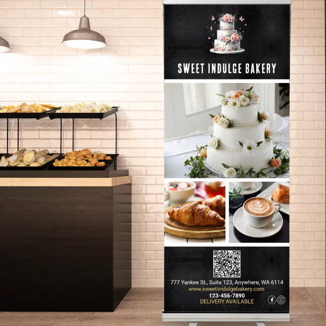 Logo QR Code Photo Black White Bakery Business Retractable Banner | Zazzle