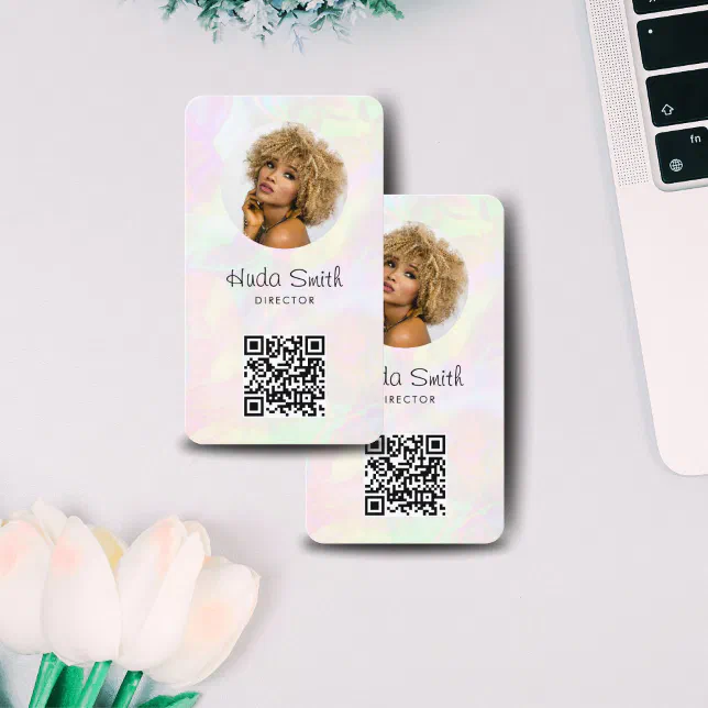 Logo QR Code & Photo Iridescent Holographic Girly Business Card | Zazzle