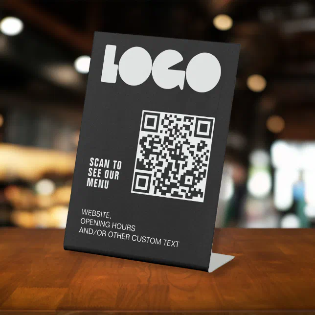 Logo QR code Scan menu Black Restaurant table Pedestal Sign | Zazzle