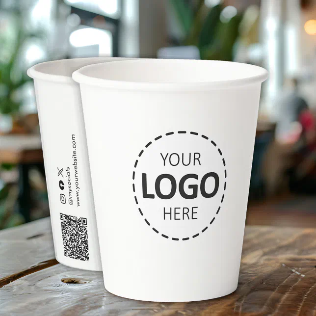 Logo, QR Code Social Media Custom White Paper Cups | Zazzle