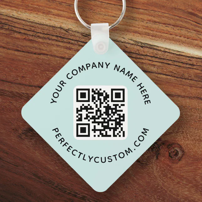 Logo, QR code text double sided light aqua blue Keychain | Zazzle