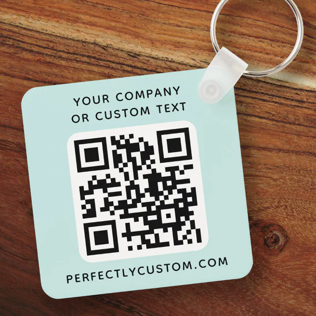 Logo, QR code text double sided light aqua blue Keychain | Zazzle