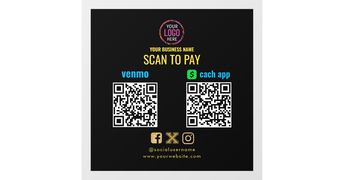 Logo Scan to Pay CashApp Venmo QR Code Window Cling | Zazzle
