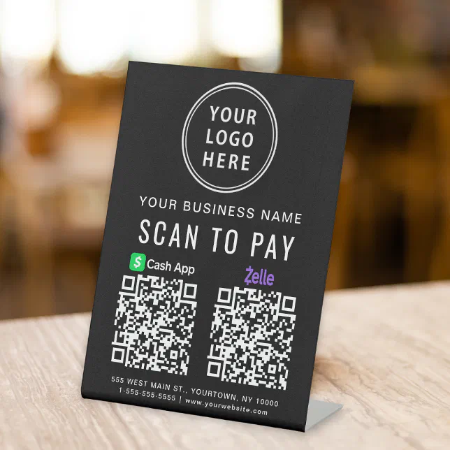 Logo Scan to Pay CashApp Zelle QR Codes Black Pedestal Sign | Zazzle