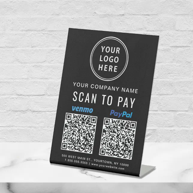 Logo Scan to Pay Paypal Venmo QR Codes Black Pedestal Sign | Zazzle