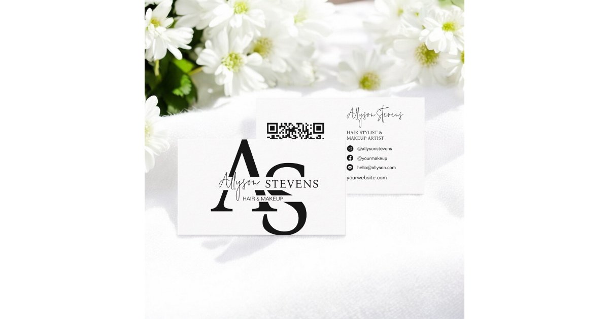 Logo script initials hair makeup qr code business card | Zazzle