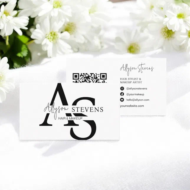 Logo script initials hair makeup qr code business card | Zazzle