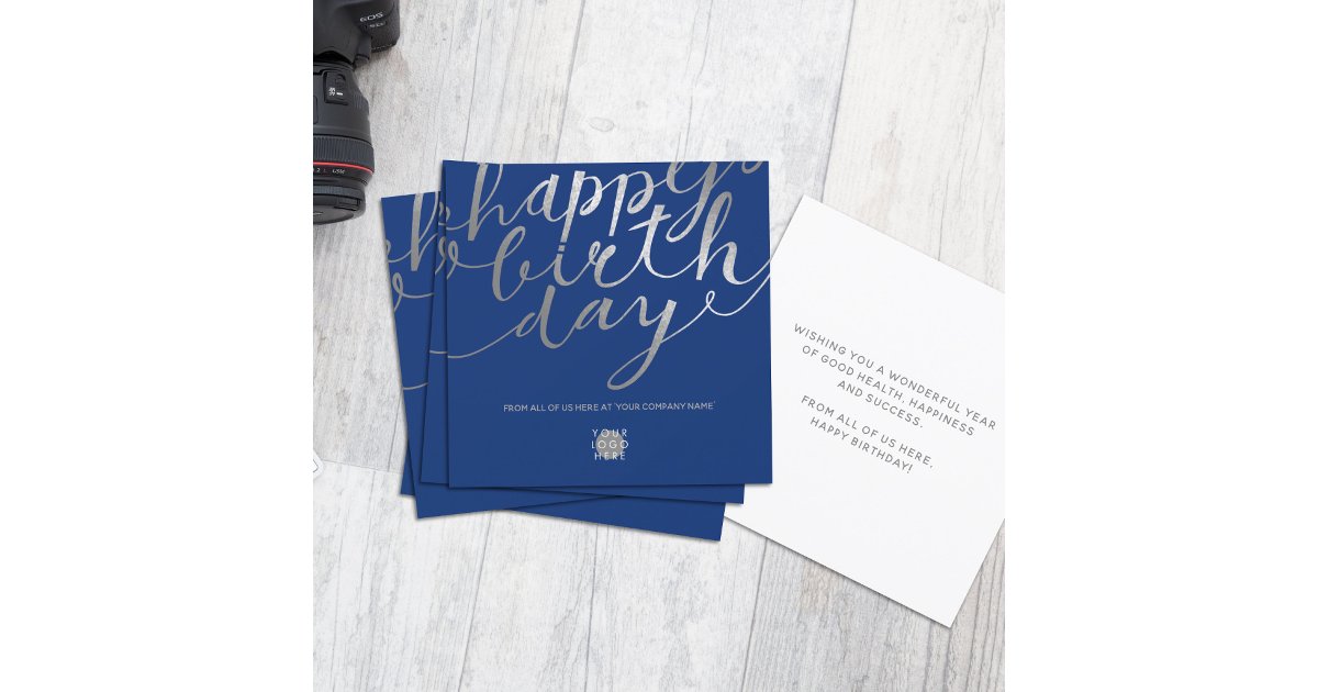 Logo Silver Script Lettering Navy Blue Birthday Card | Zazzle