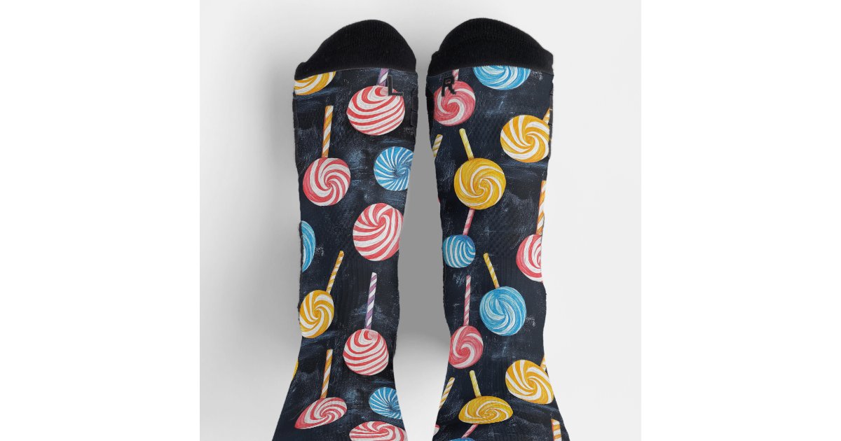 Lollypop Candy Sweet Chalk Drawing Pattern Black Socks | Zazzle
