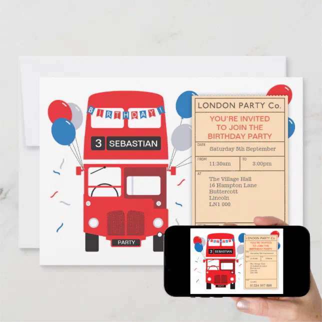 London Red Bus Personalized Birthday Party Invite | Zazzle