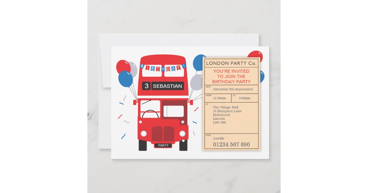 London Red Bus Personalized Birthday Party Invite | Zazzle