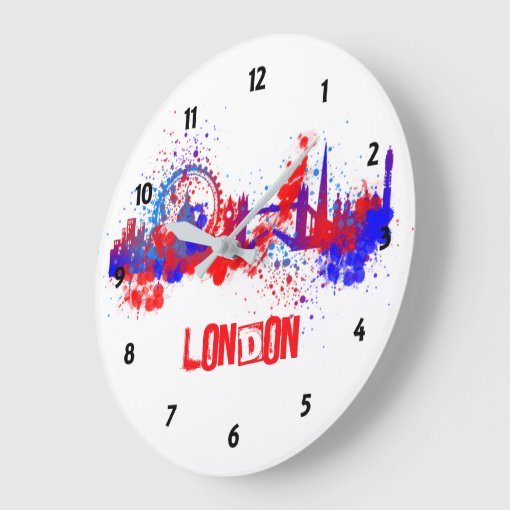 London Skyline Red White Blue Artistic Paint Splat Large Clock | Zazzle