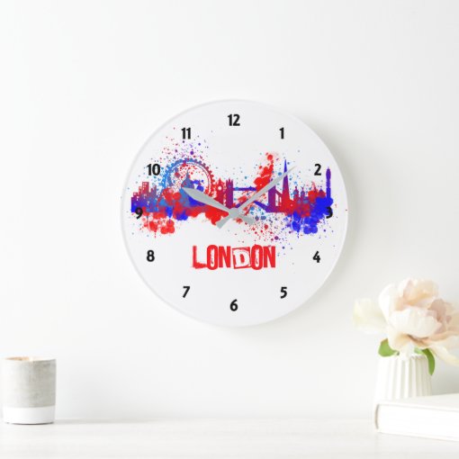 London Skyline Red White Blue Artistic Paint Splat Large Clock | Zazzle