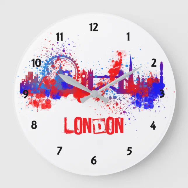 London Skyline Red White Blue Artistic Paint Splat Large Clock | Zazzle