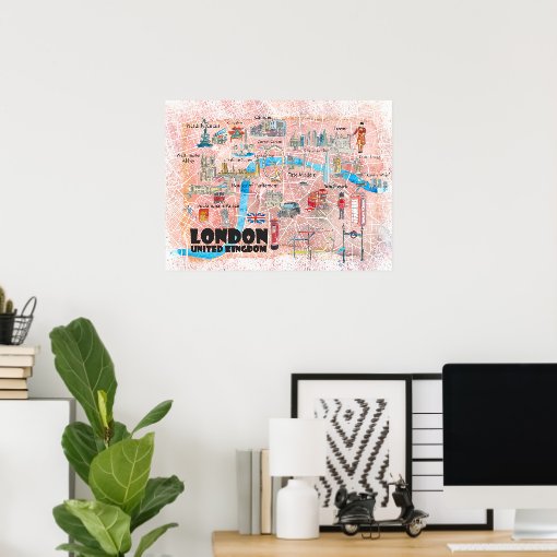 London UK Illustrated Map with Landmarks Poster | Zazzle