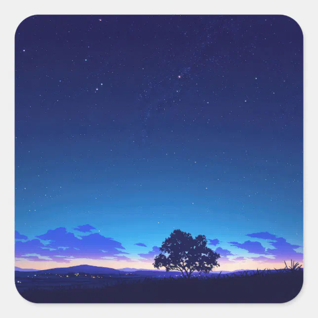 Lonely Tree Silhouette Under Starry Night Sky Square Sticker | Zazzle