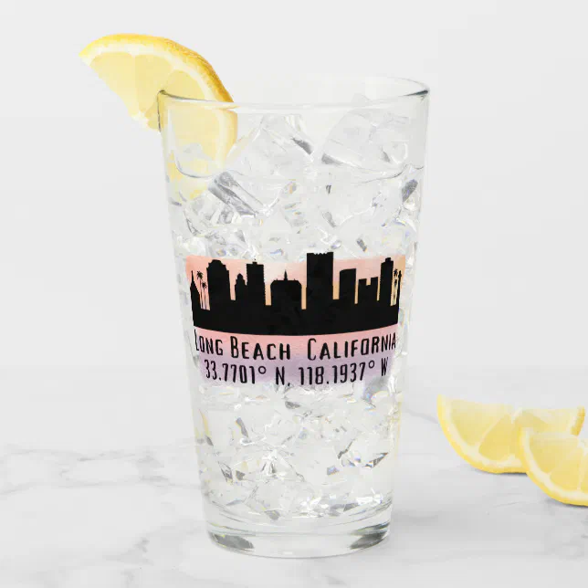 Long Beach Skyline Latitude and Longitude Pint Glass | Zazzle