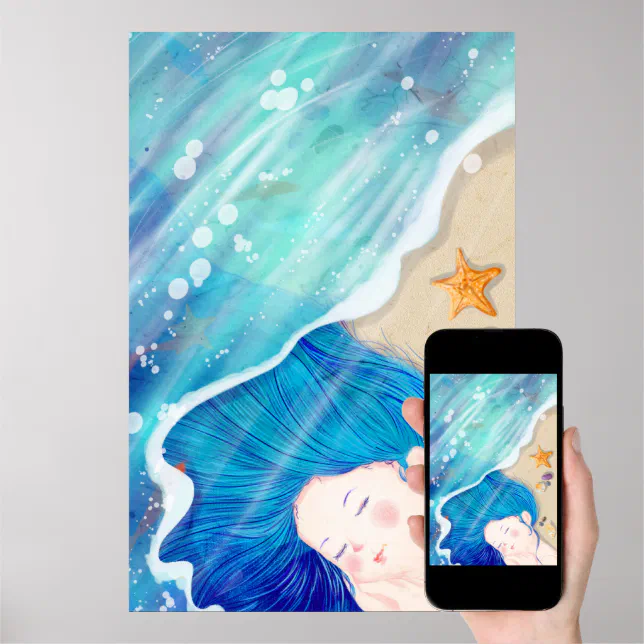Long Blue-haired Angel Sleeping On The Beach Poster | Zazzle
