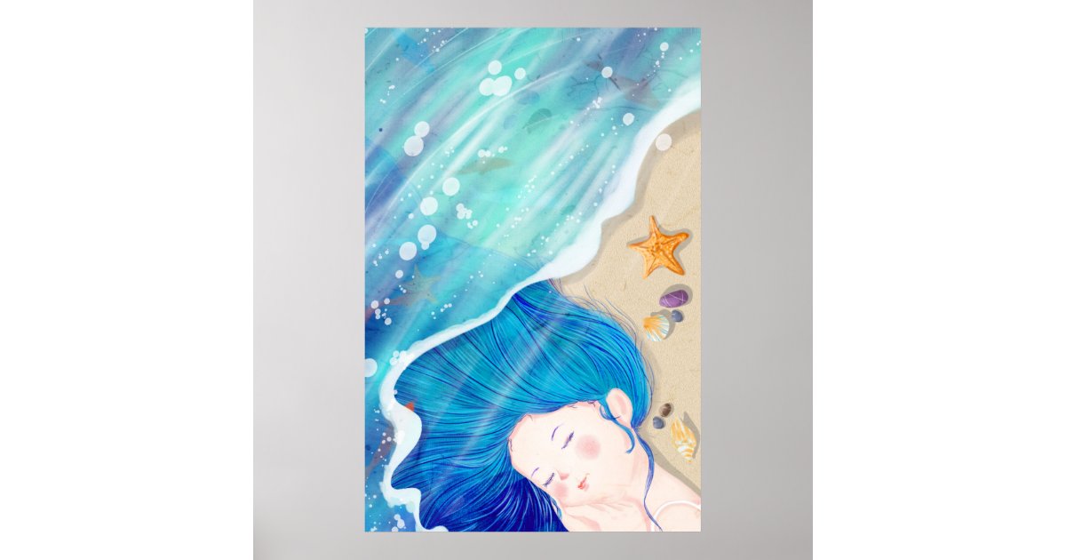 Long Blue-haired Angel Sleeping On The Beach Poster | Zazzle