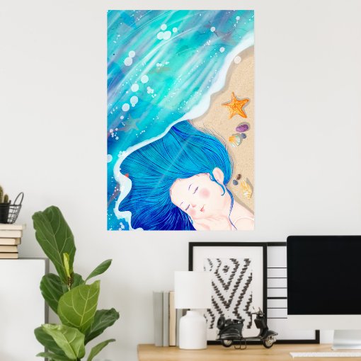Long blue-haired angel sleeping on the beach poster | Zazzle