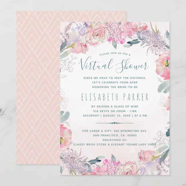 Long distance pink floral virtual bridal shower invitation | Zazzle