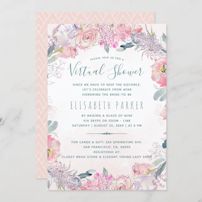 Long distance pink floral virtual bridal shower invitation | Zazzle