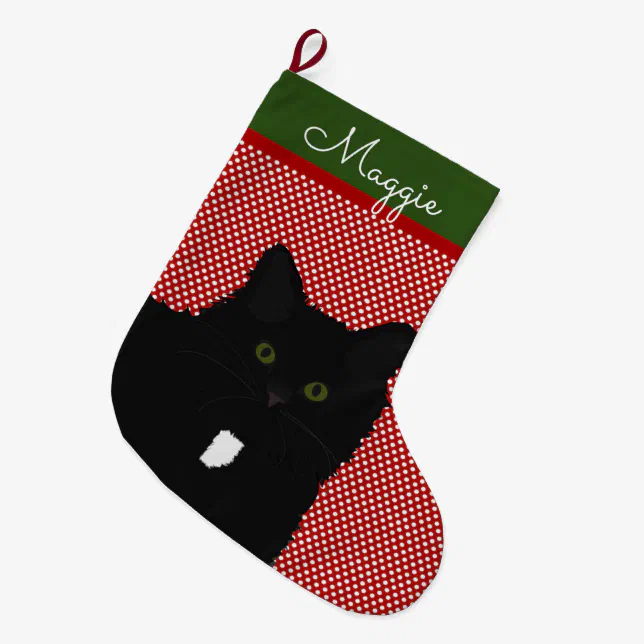 Long Hair Black Cat Personalized Large Christmas Stocking | Zazzle