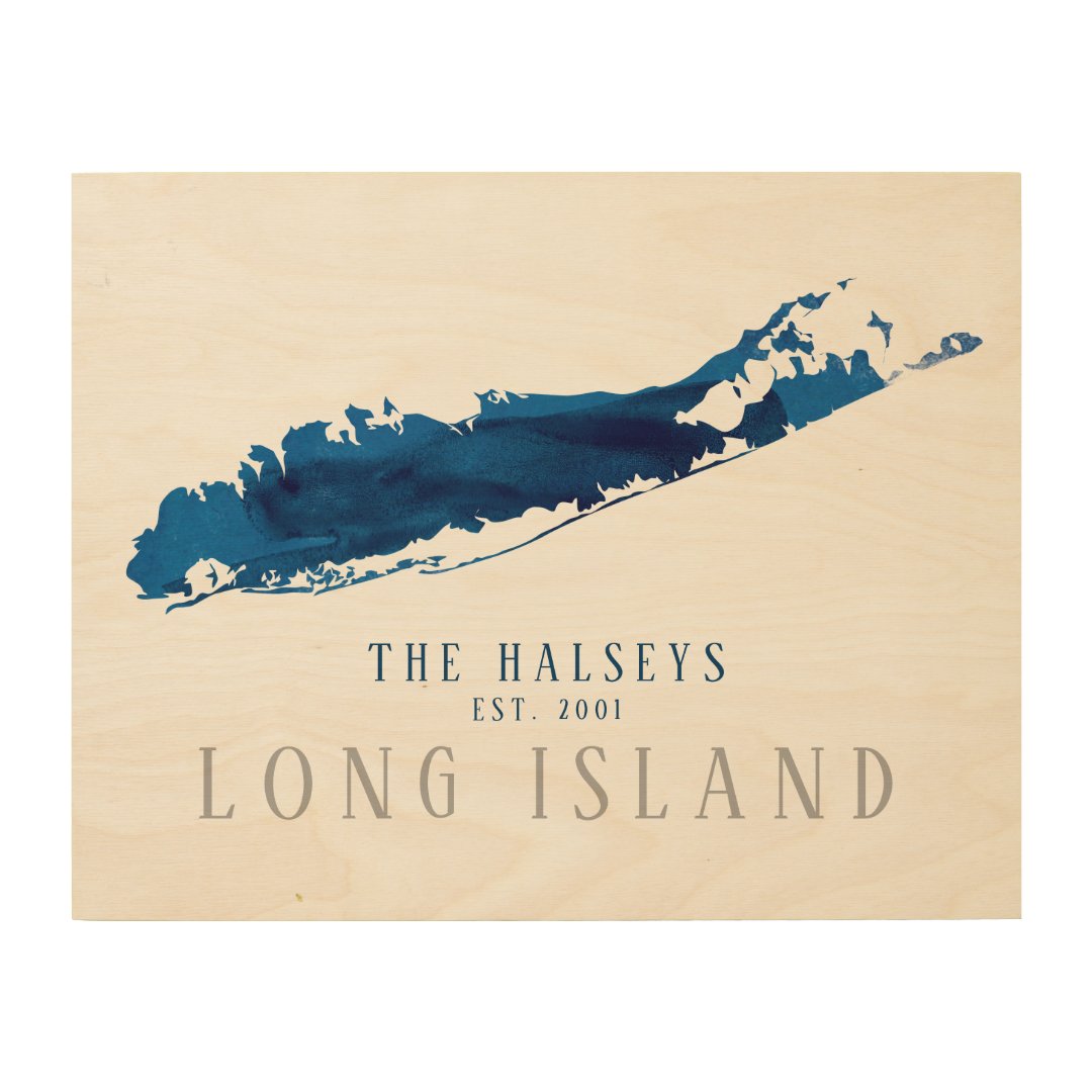 Long Island Blue Watercolor Map Family Established Wood Wall Art | Zazzle
