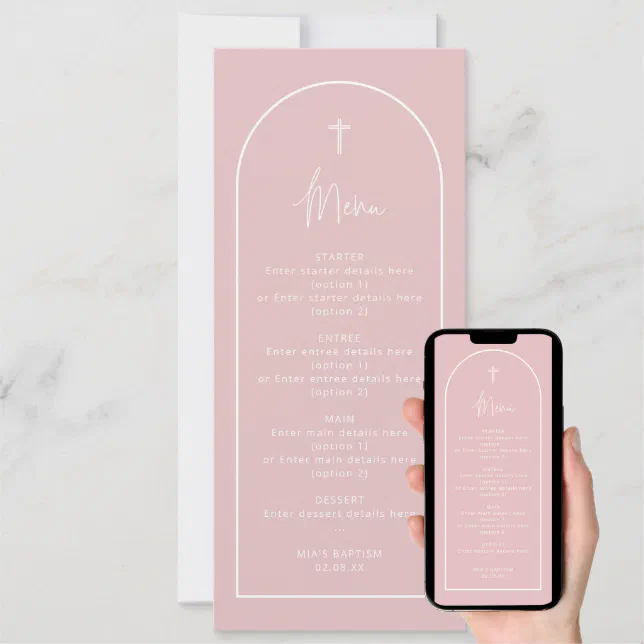 Long Pastel Baby Pink Arch Cross Baptism Menu Card | Zazzle