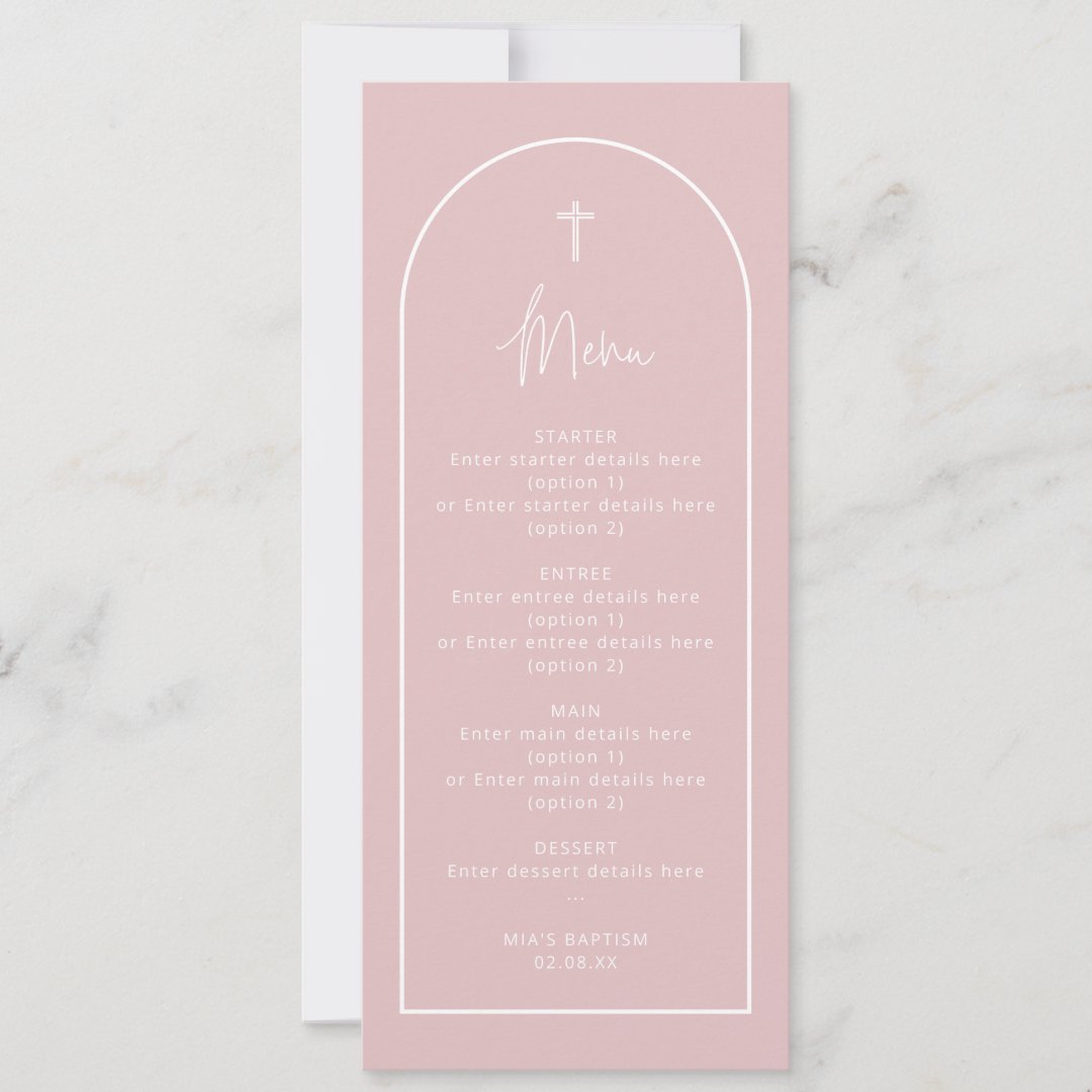 Long Pastel Baby Pink Arch Cross Baptism Menu Card | Zazzle