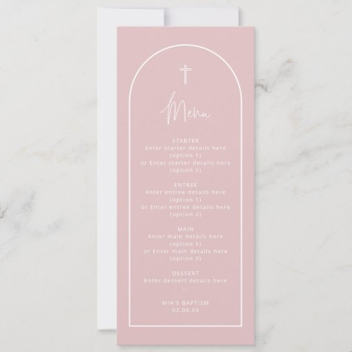Long Pastel Baby Pink Arch Cross Baptism Menu Card | Zazzle