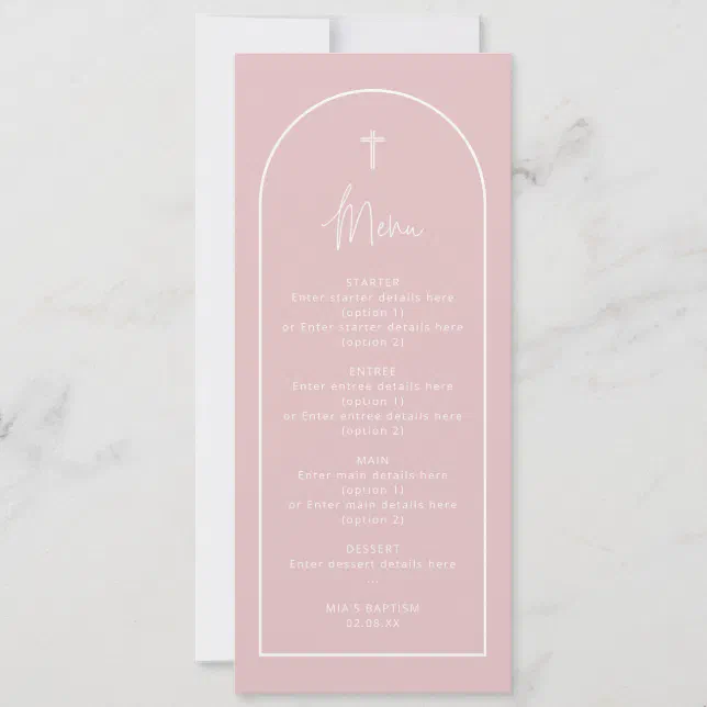 Long Pastel Baby Pink Arch Cross Baptism Menu Card | Zazzle