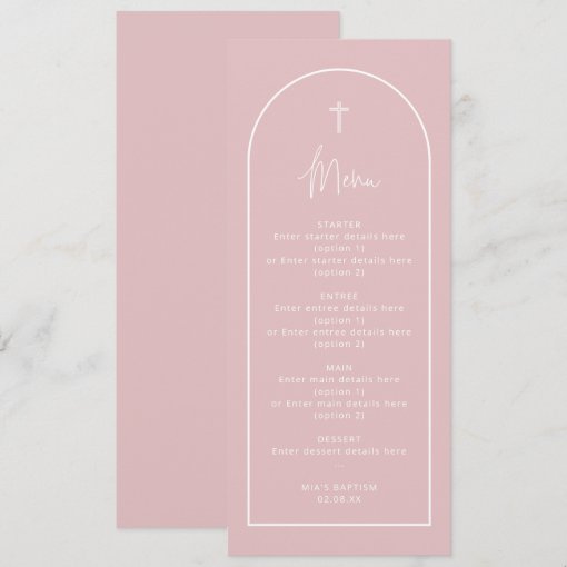 Long Pastel Baby Pink Arch Cross Baptism Menu Card | Zazzle