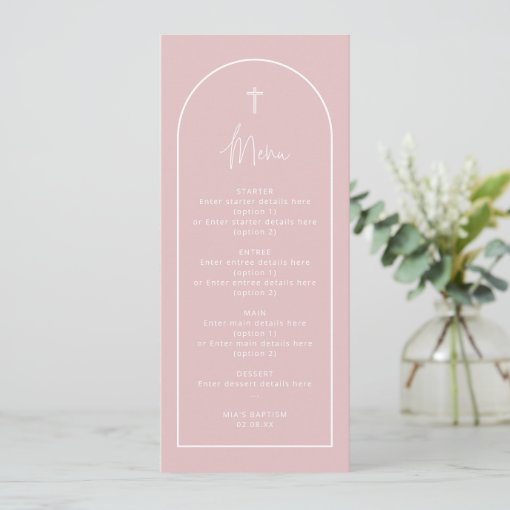 Long Pastel Baby Pink Arch Cross Baptism Menu Card | Zazzle