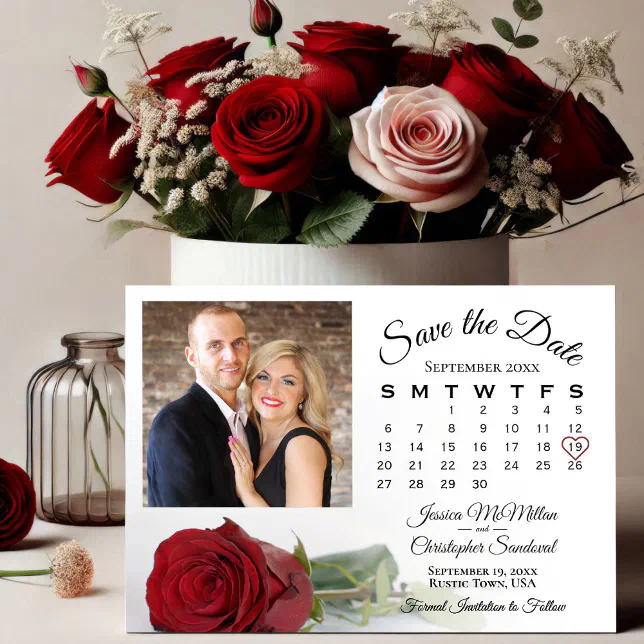 Long Stemmed Red Rose Wedding Calendar & Photo Save The Date | Zazzle