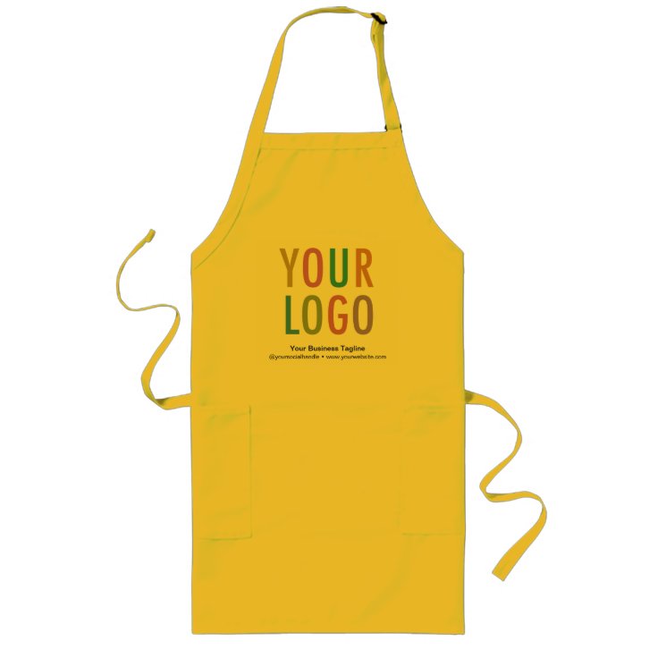 Long Yellow Apron with Pockets Custom Logo Branded | Zazzle