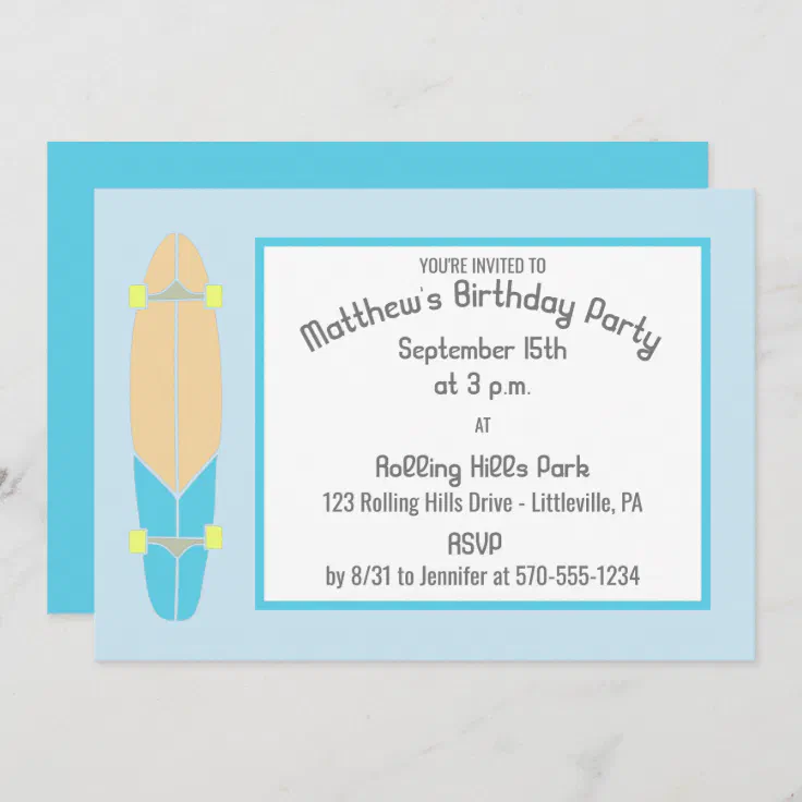 Longboard Skateboard Birthday Party Invitation | Zazzle