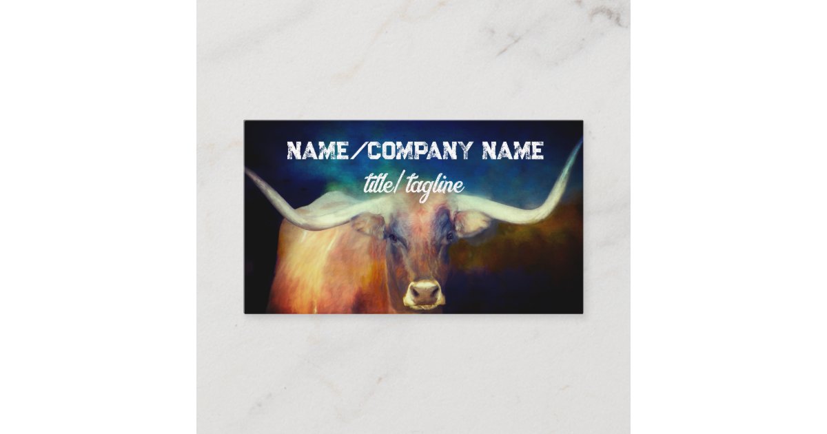 longhorn cow photo art blue and brown country business card | Zazzle