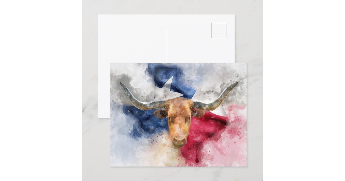 Longhorn cow with Texas Flag Map Watercolor Postcard | Zazzle