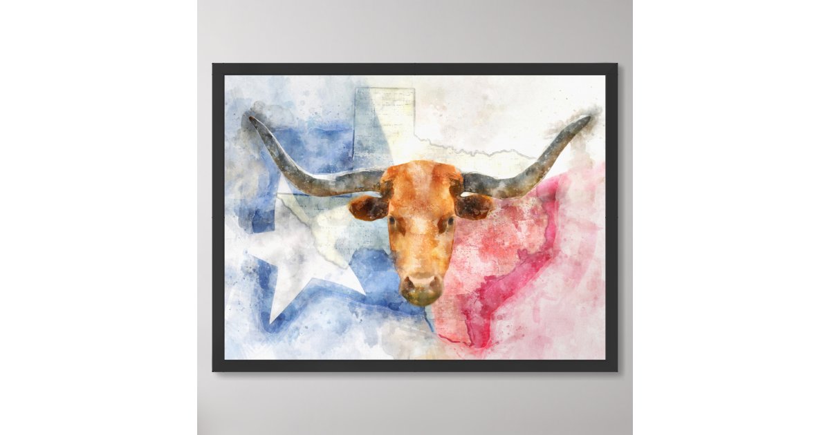 Longhorn cow with Texas map and Flag Watercolor Framed Art | Zazzle