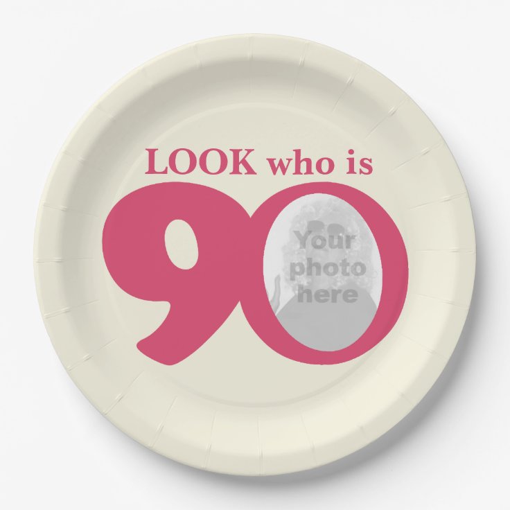 Look 90th birthday photo cream pink paper plate | Zazzle