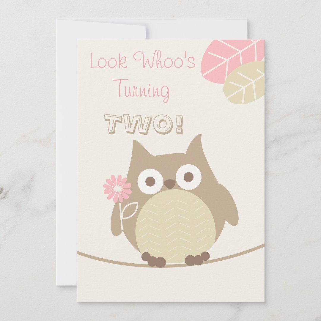 Look Whoo's Turning Two Baby Girl Birthday Invitation | Zazzle